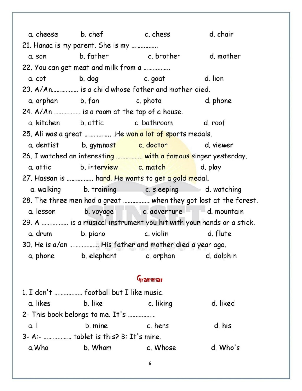 مراجعة شهر أكتوبر انجليزي اولى اعدادى من Sunset
